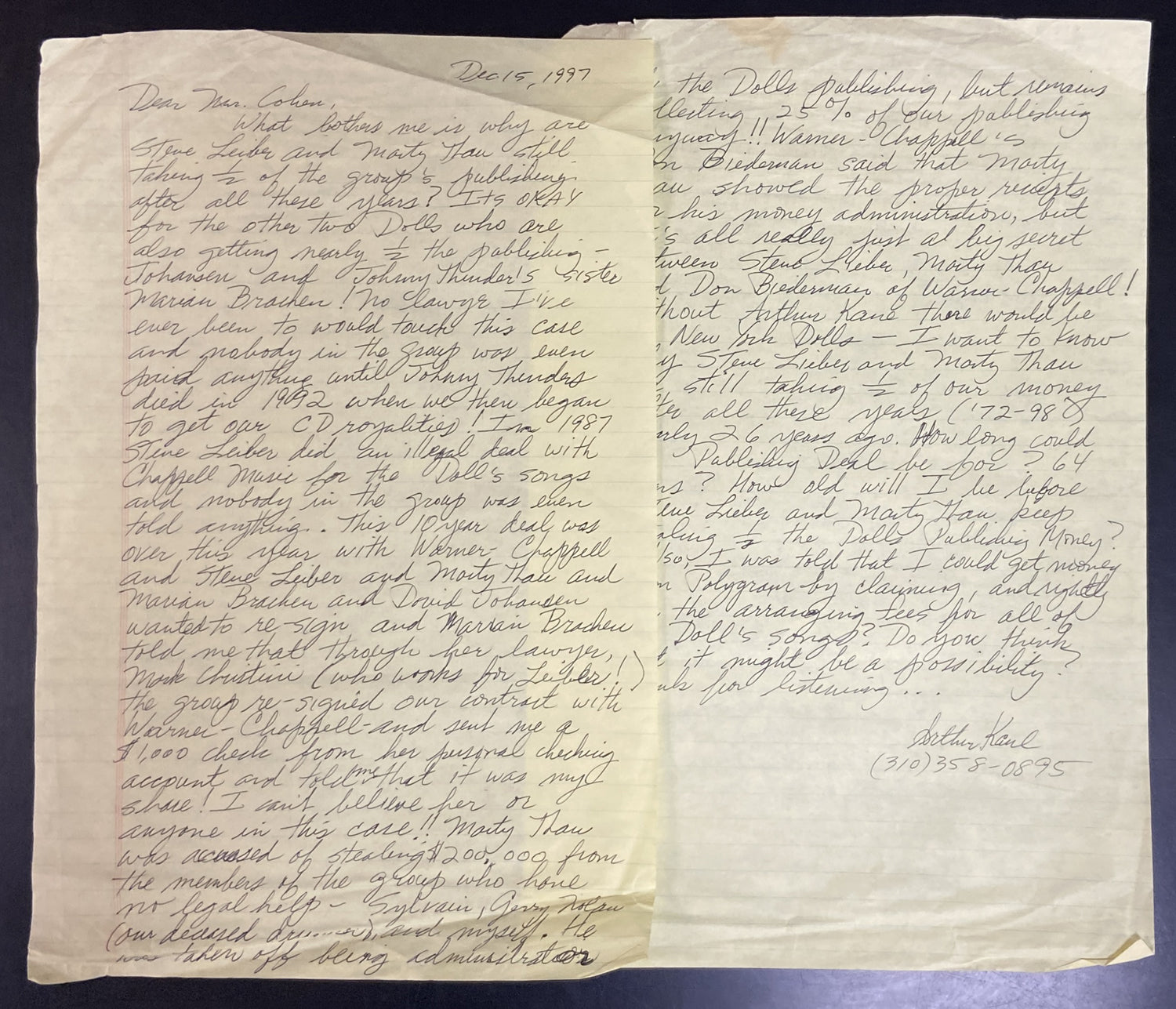 Arthur Kane Hand-Written & Signed Letter – rockaway.com